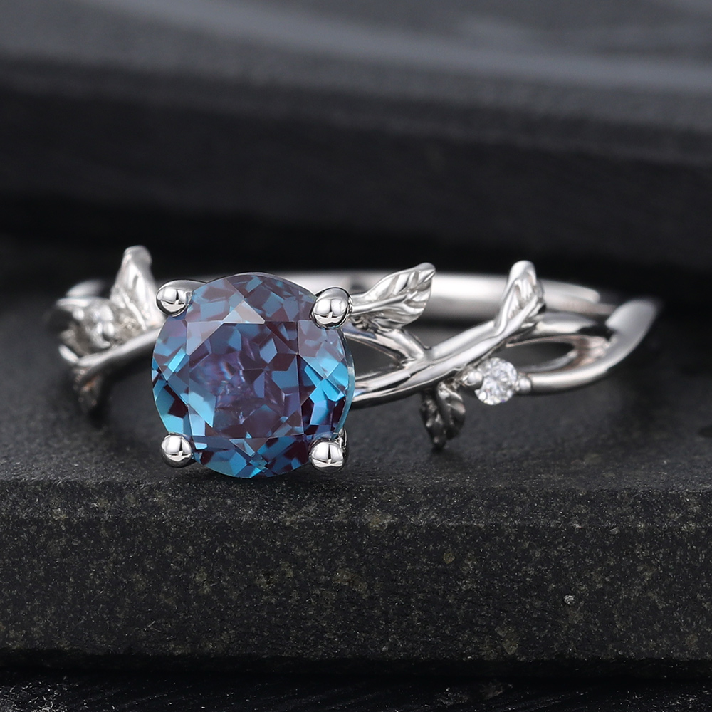 14K White Gold Unique Alexandrite Engagement Ring Women Leaf Ring ...